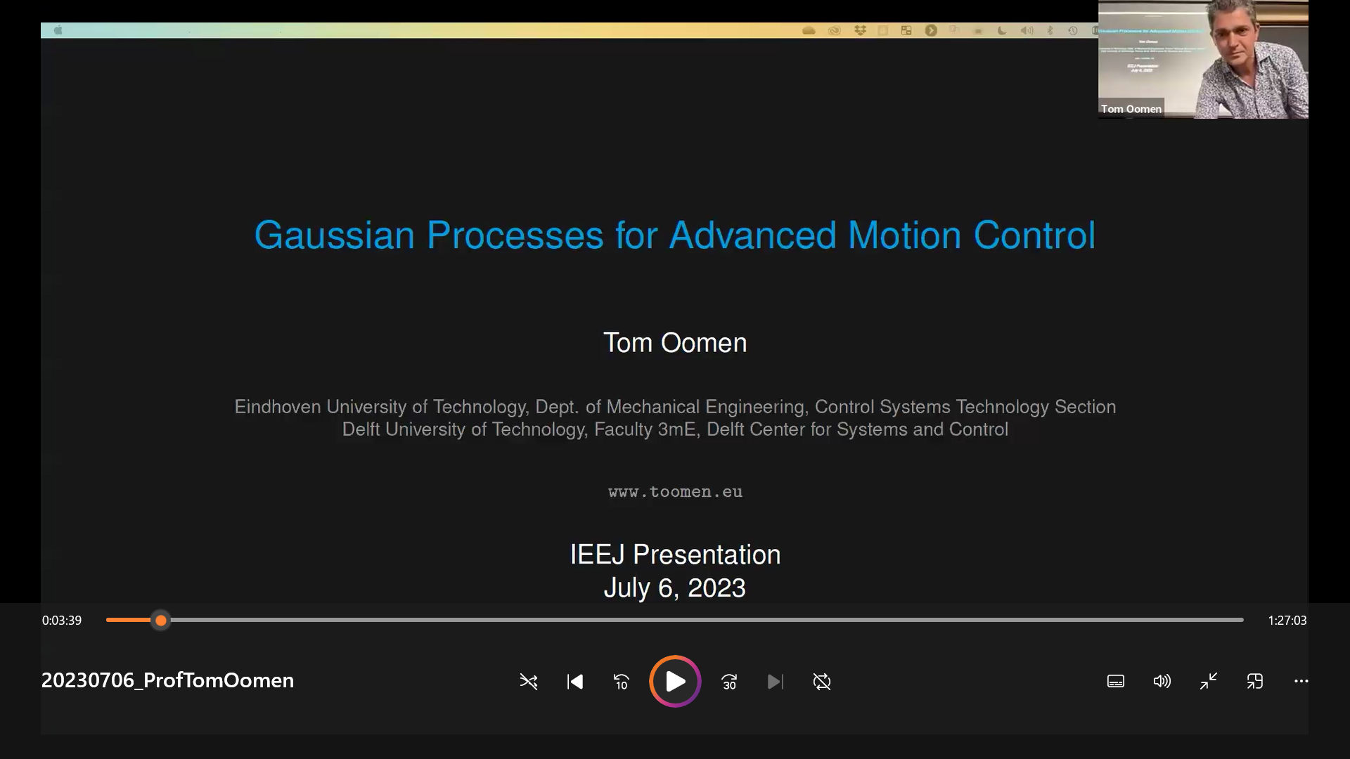 メカトロ分野特別講演会「Gaussian Processes for Advanced Motion Control」 | 電気学会 [D ...